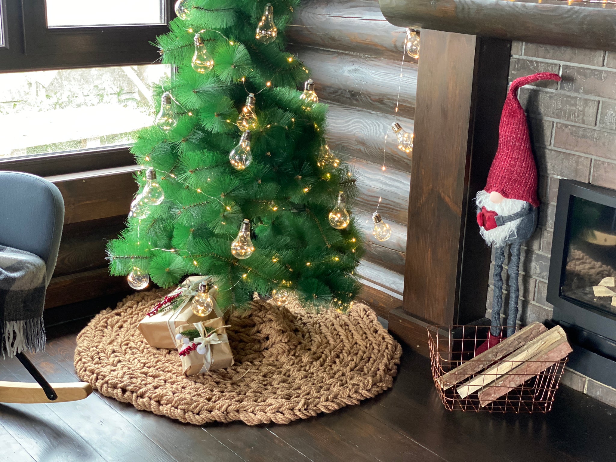 Beige Chunky Knitted Christmas Tree Skirt In Stock USA Anzy Home